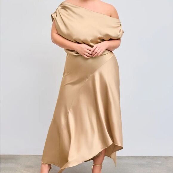 Cider | Dresses | Newsatin Asymmetrical Neck Ruffle Maxidress Curve Plus | Poshmark